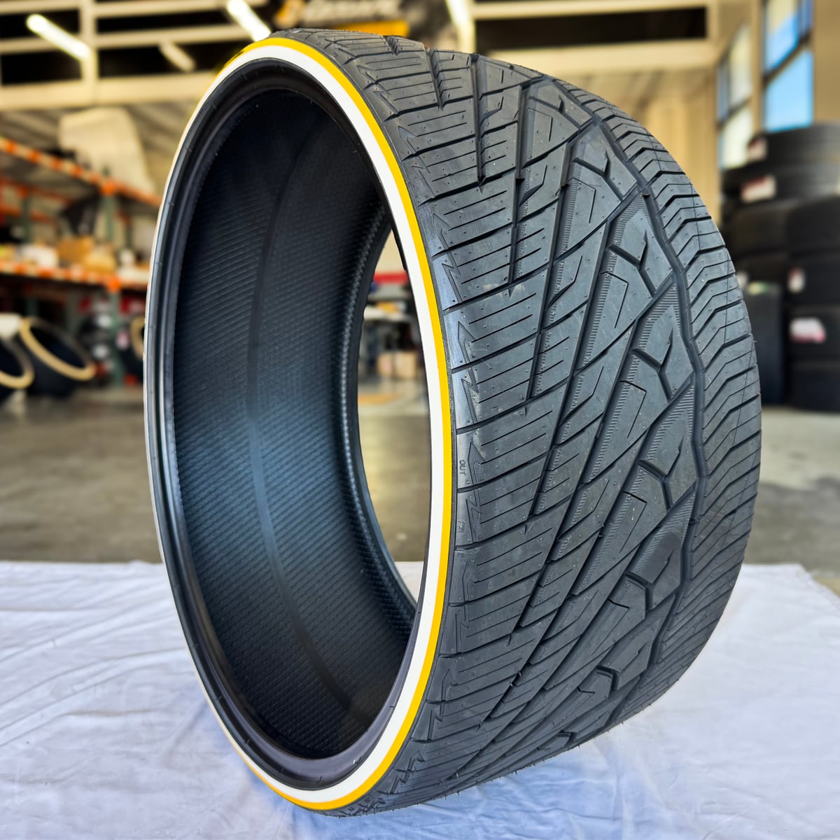 275/23R24 Whitewall Tire Yellow Stripe – Handmade - Ninja Tire