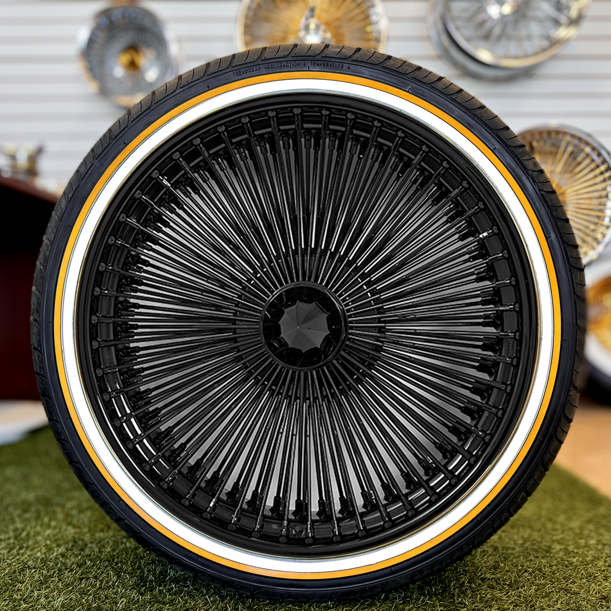 22×8 All Black Wire Wheels 150 Spoke + Vogue Tires 265/35R22